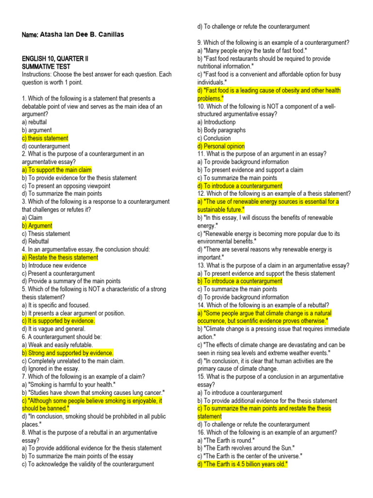 English 10 Argumentative Test | PDF | Essays | Argument