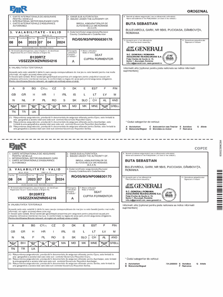 Polita RCA GENERALI - 261917 | PDF