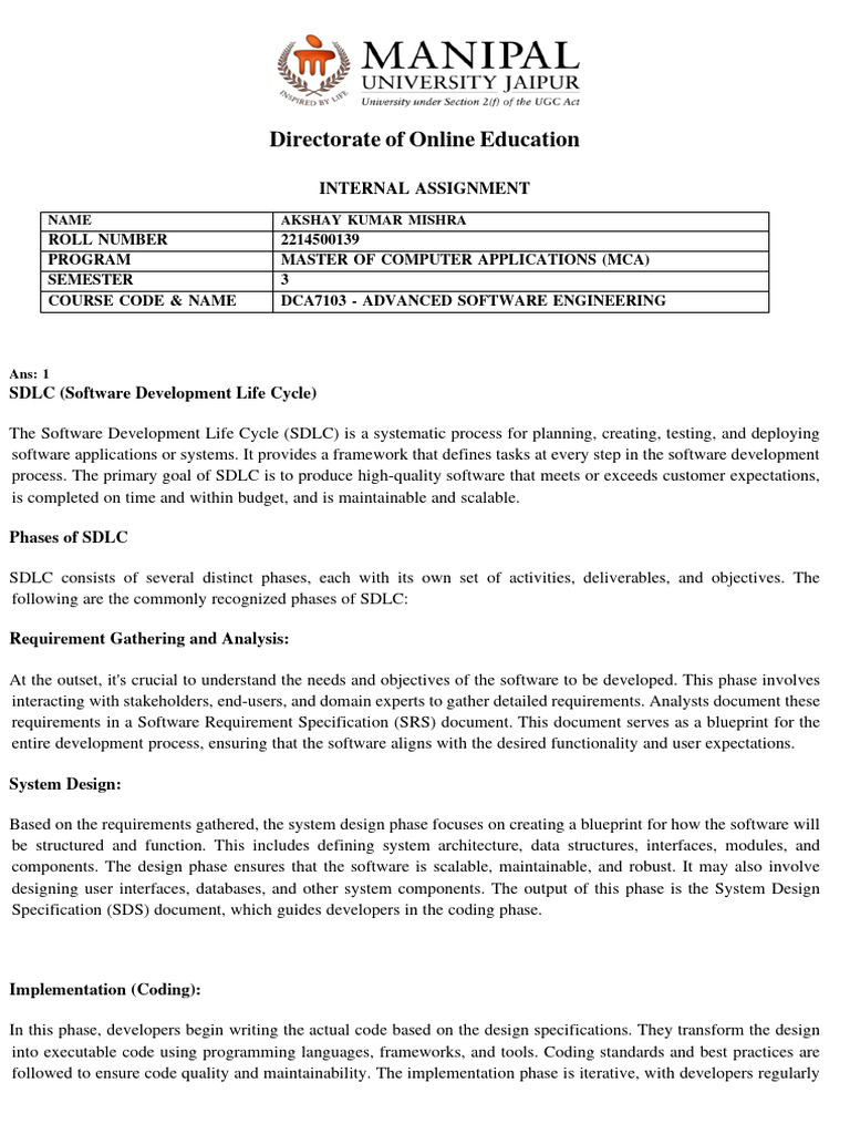 DCA7103 AdvancedSoftEngg Assignment | PDF | Object (Computer Science) | Object Oriented Programming