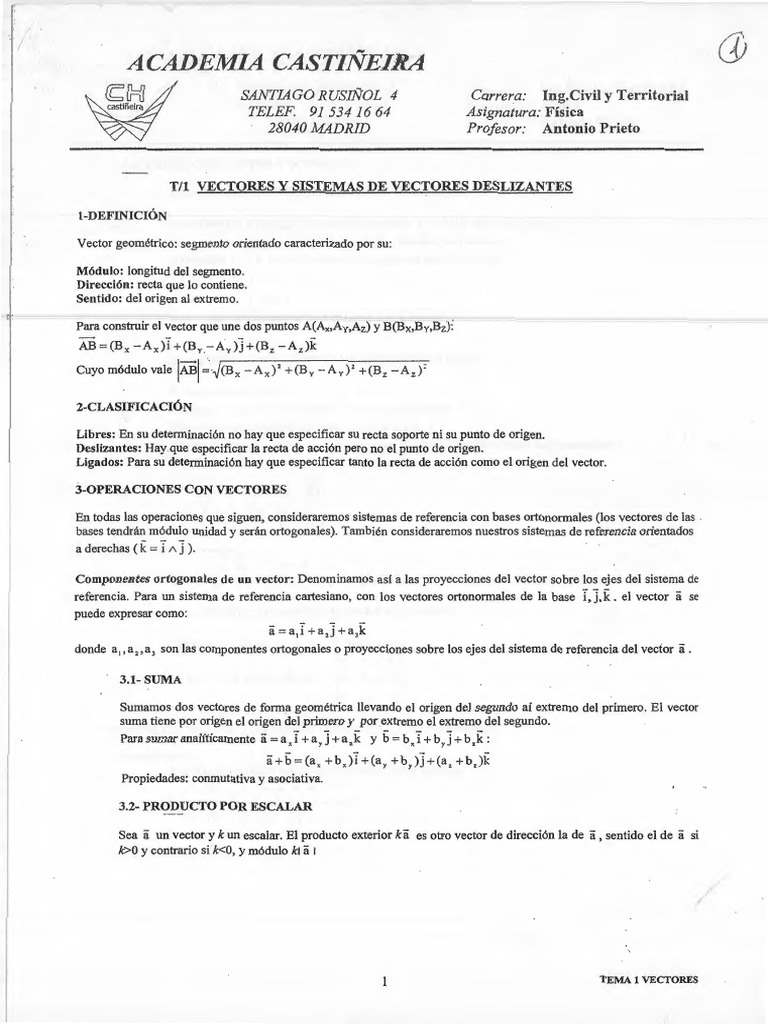 Tema1 vectores deslizantes | PDF | Vector Euclidiano | Sistema de ...