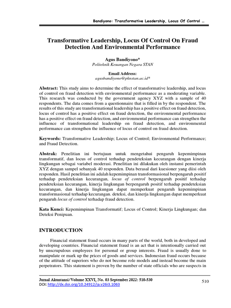 Transformative Leadership, Locus of Control On Fraud Detection and Environmental Performance ...