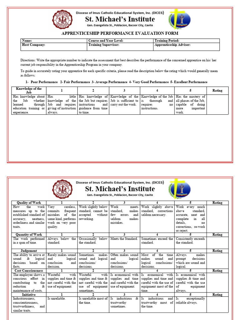 Apprentice Performance Evaluation Form | PDF | Apprenticeship ...