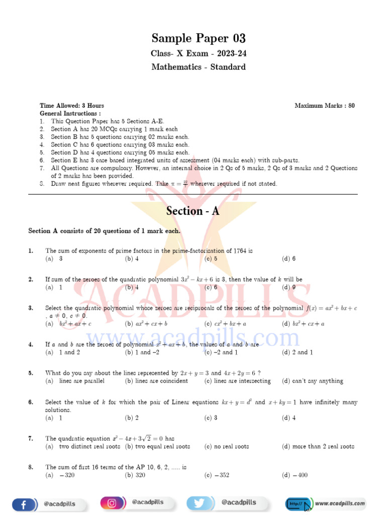 Maths Standard Exclusive Sample Papers | Download Free PDF | Quadratic ...
