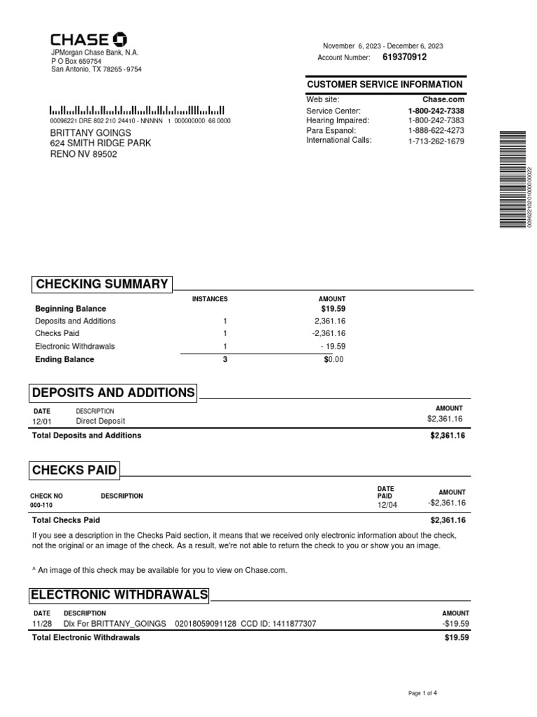 Chase Bank Account Statement Summary | PDF | Credit Card | Cheque