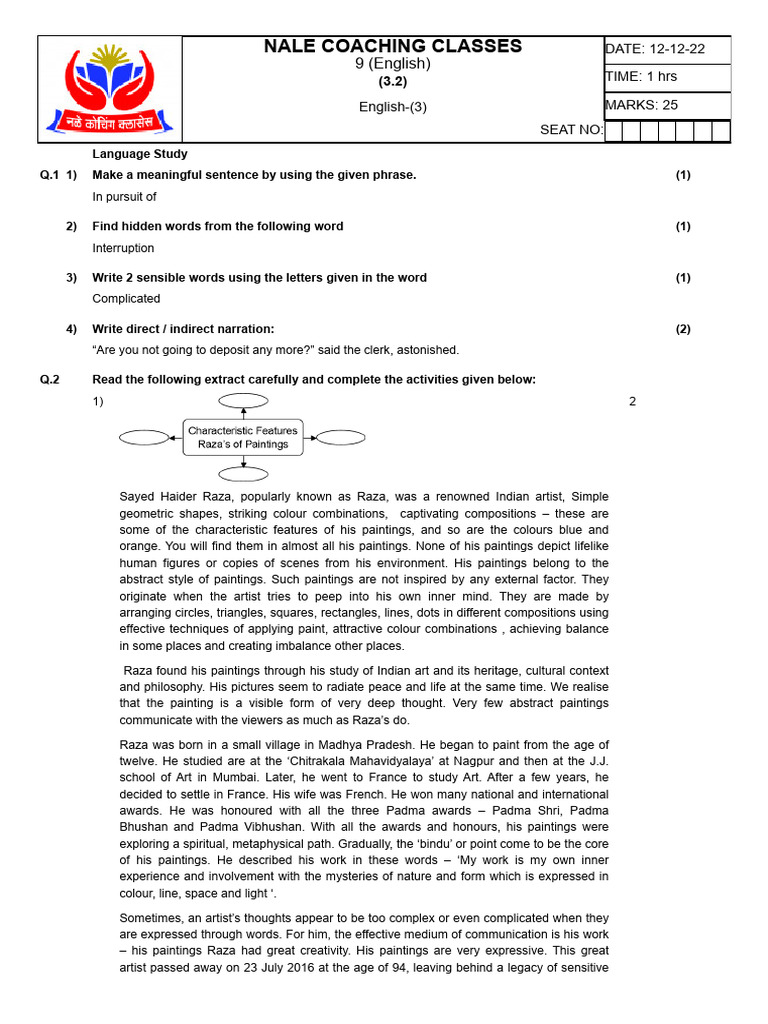 9th Eng 12-12-22question Paper | PDF