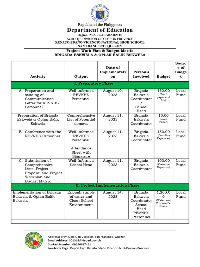 BRIGADA ESKWELA 23 - Project Plan | PDF