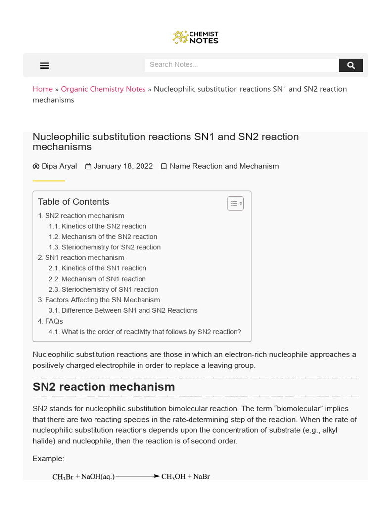 SN1 vs SN2 Reaction Mechanisms Explained | PDF | Chemical Reactions ...