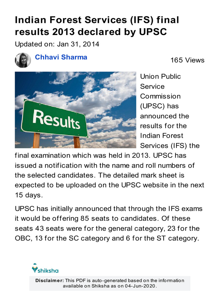 Indian Forest Services (IFS) Final Results 2013 Declared by UPSC | PDF