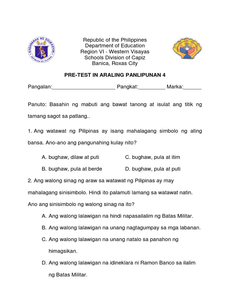 Division Pre Test in Ap4 Test Paper | PDF