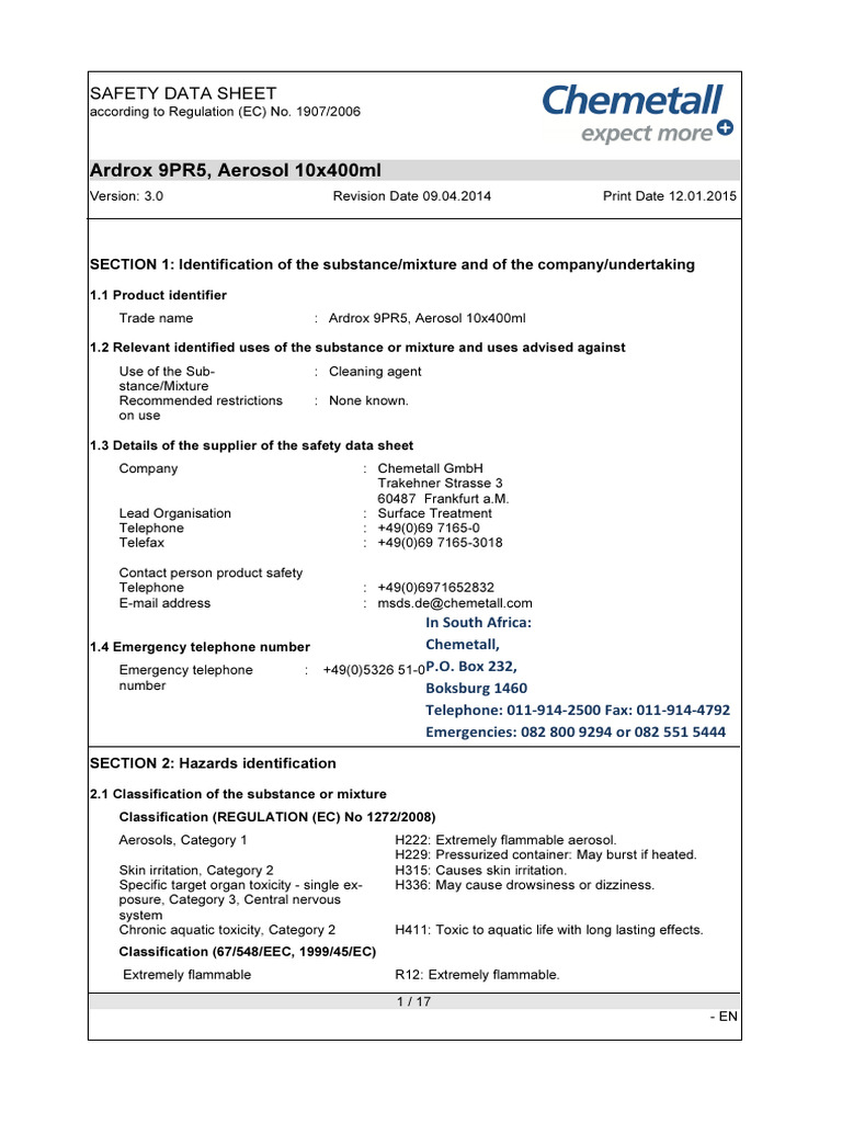Ardrox 9PR5 Aerosol Safety Data Sheet | PDF