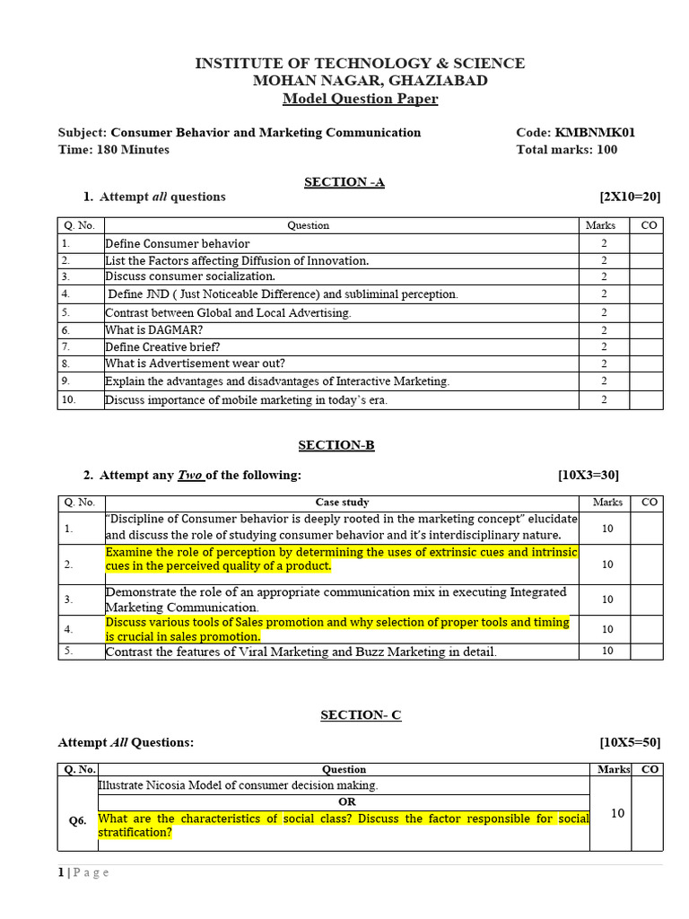 Model Qus. Paper 2023-25 | PDF | Consumer Behaviour | Marketing