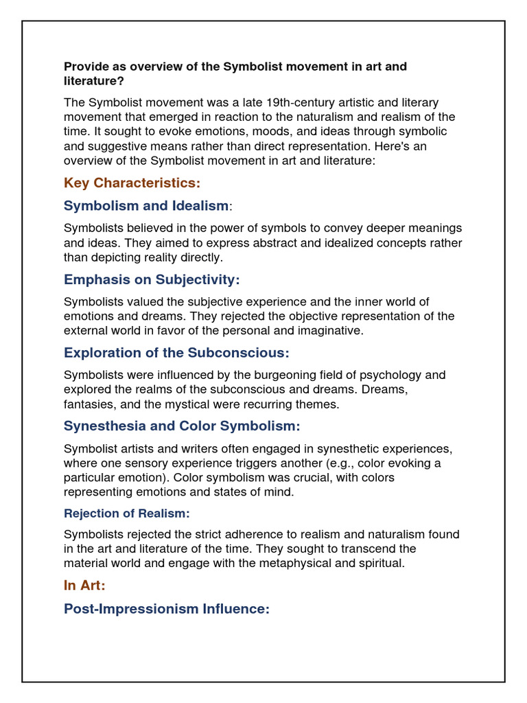 Provide As Overview of The Symbolist Movement in Art and Literature ...