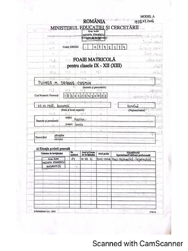 Foaie Matricola | PDF