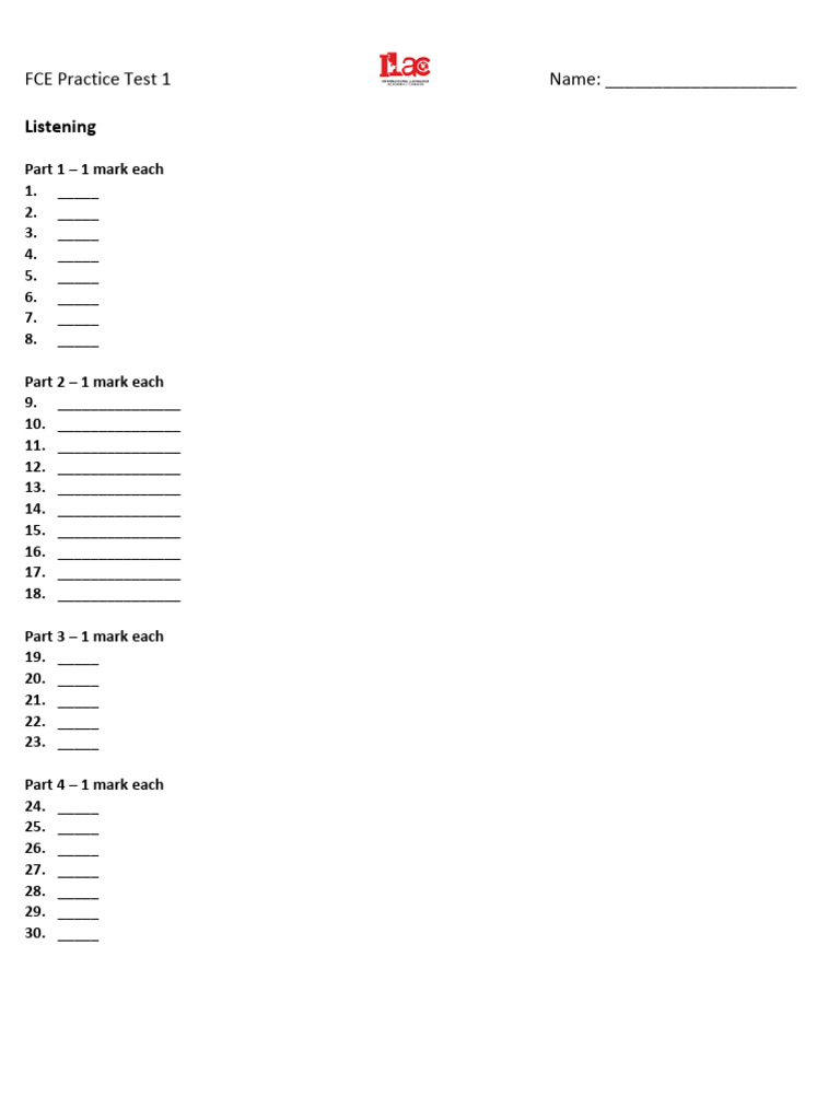 FCE Practice Test 1 Answer Key - Answer Sheets | PDF
