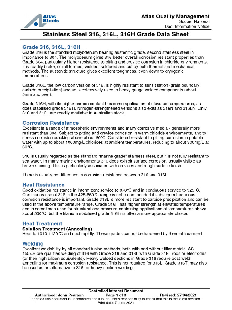 Stainless Steel 316, 316L, 316H Grade Data Sheet | Download Free PDF ...