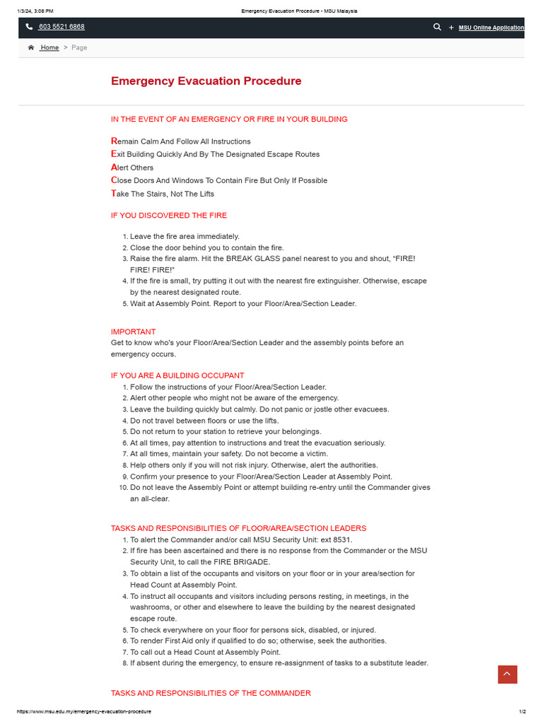 Emergency Evacuation Procedure - MSU Malaysia | PDF | Emergency ...