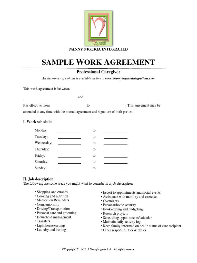 Caregiver Work Agreement (Sample) | PDF | Employment | Sick Leave
