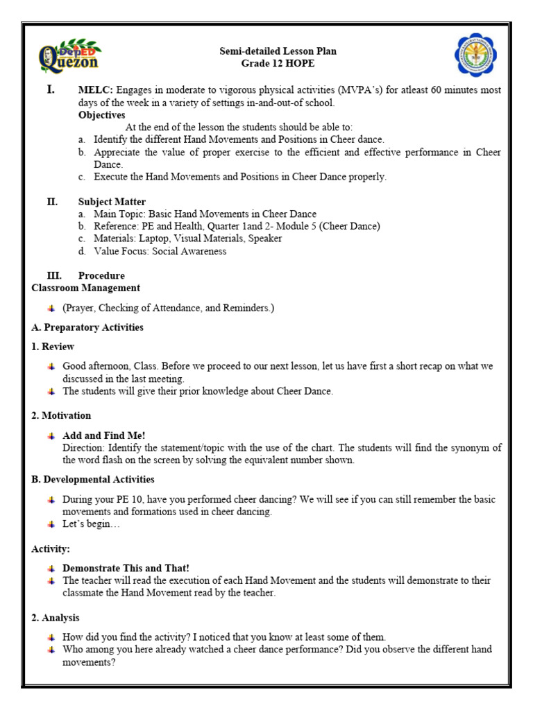 COT2 Lesson Plan Hope Cheerdance | PDF