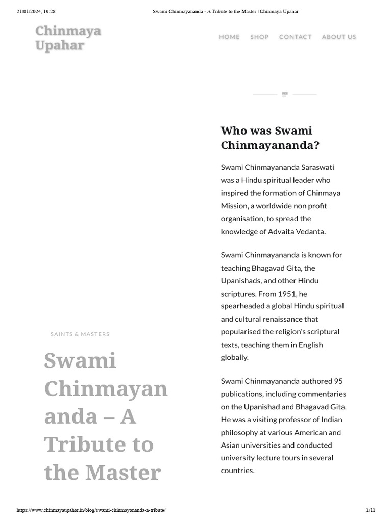 Swami Chinmayananda - A Tribute To The Master - Chinmaya Upahar | PDF | Āstika | Nondualism