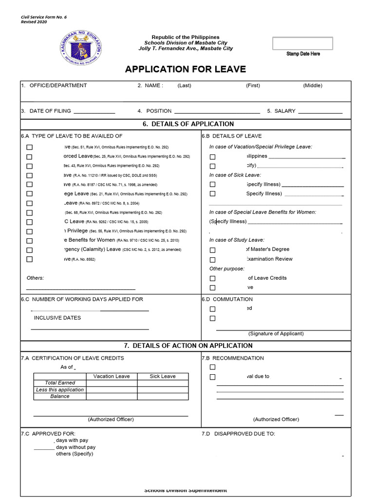 CS Form No. 6 Revised 2020 Application For Leave Fillable NEW | PDF