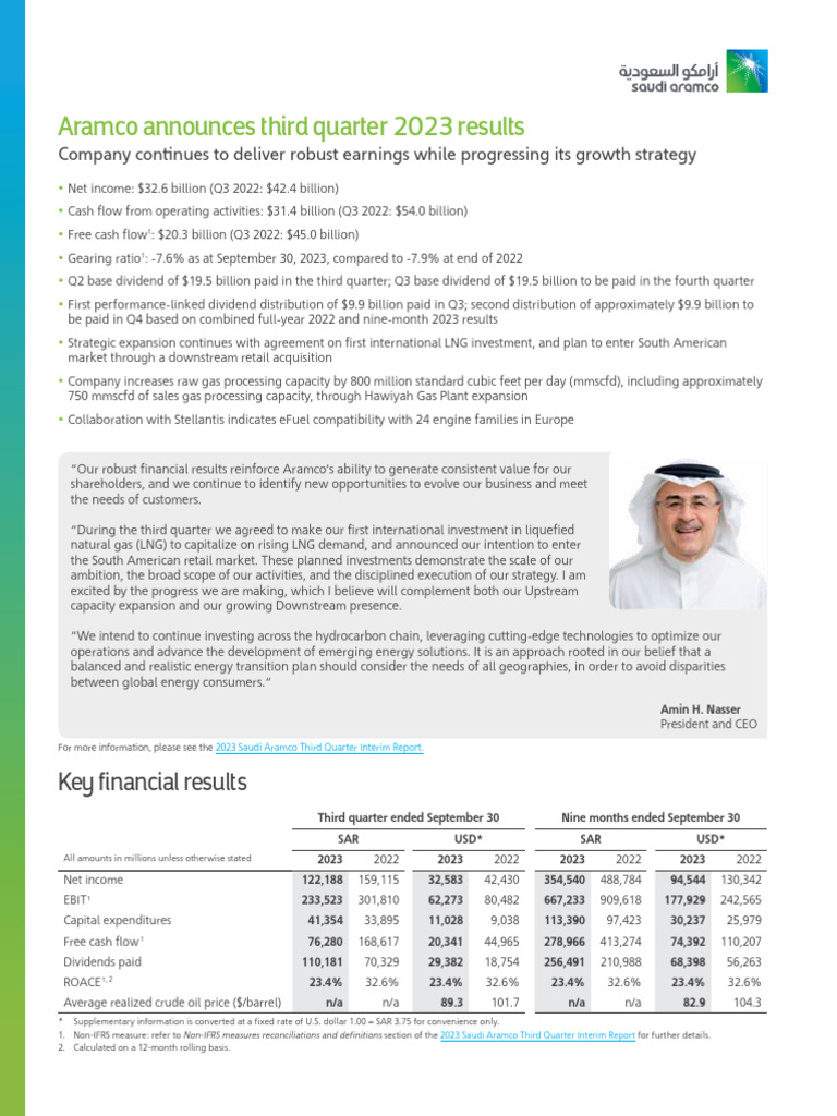 Aramco Q3 2023 Financial Results | PDF | Risk | Investing