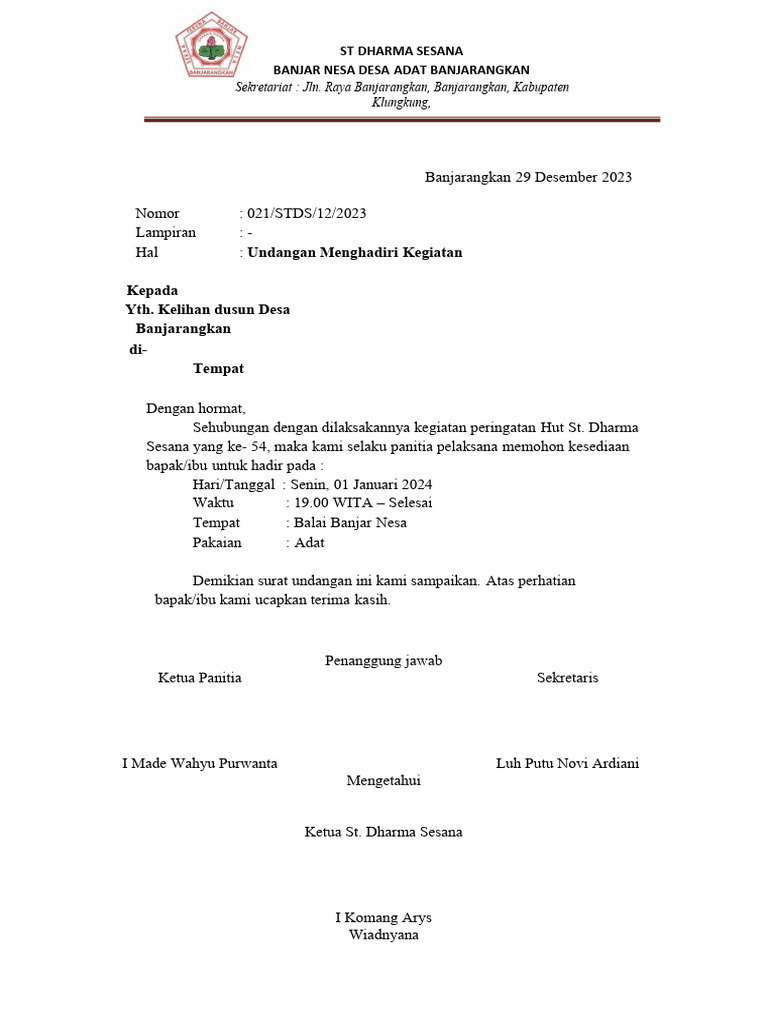 Contoh Surat Undangan Kegiatan | PDF