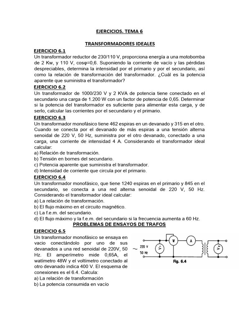 Ejercicios Tema 6 | Descargar gratis PDF | Transformador | Energia electrica