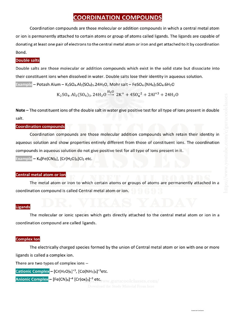 Coordination Compounds Notes | PDF