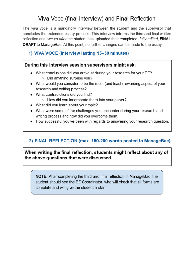 Viva Voce Final Reflection Handout - PDF | PDF