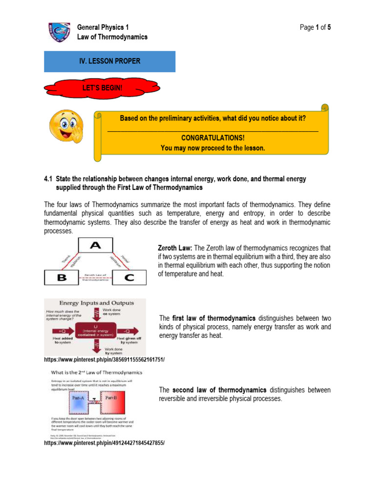 Laws of Thermodynamics - Lesson Proper For Week 18 | PDF | Laws Of ...