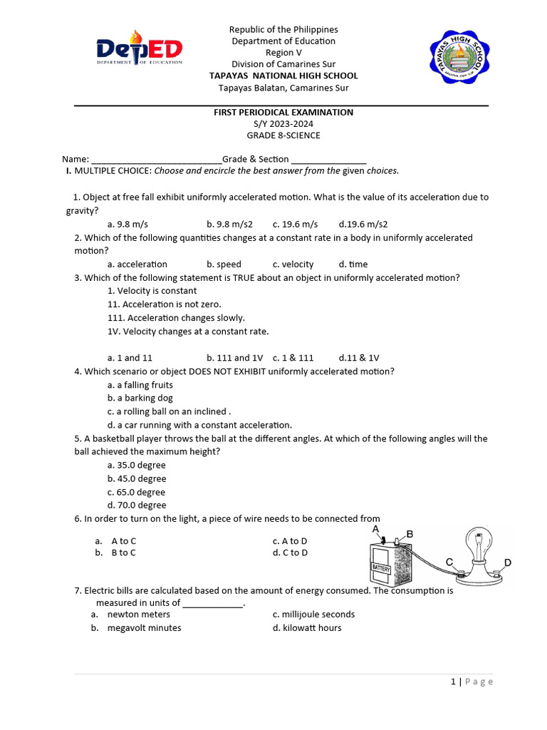 q1-G8 Science Exam - 2023 | PDF | Acceleration | Electrical Resistance And Conductance