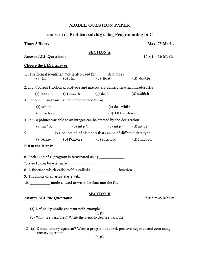 Model Question Paper Problem Solving Using Programming in C | PDF | C (Programming Language ...