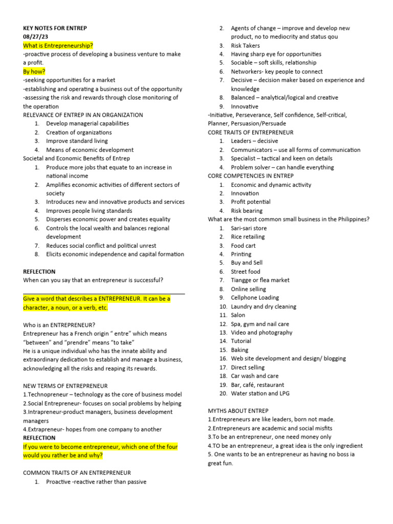 Key Notes For Entrep | PDF | Entrepreneurship | Economics