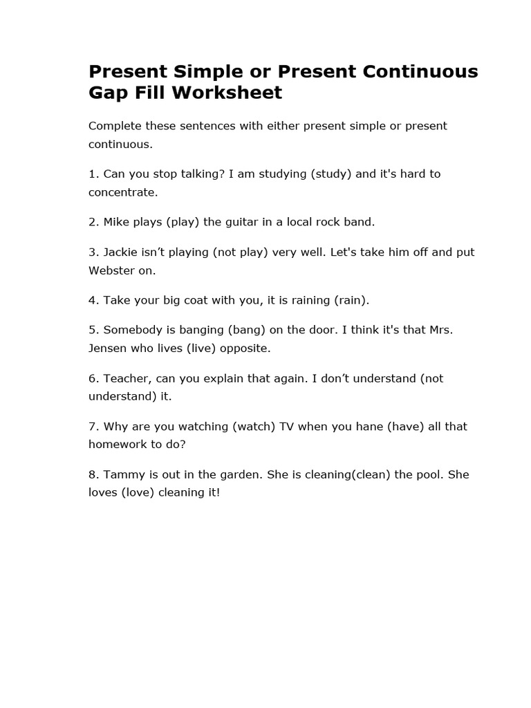 Present Simple vs. Continuous Worksheet | PDF | Foreign Language ...