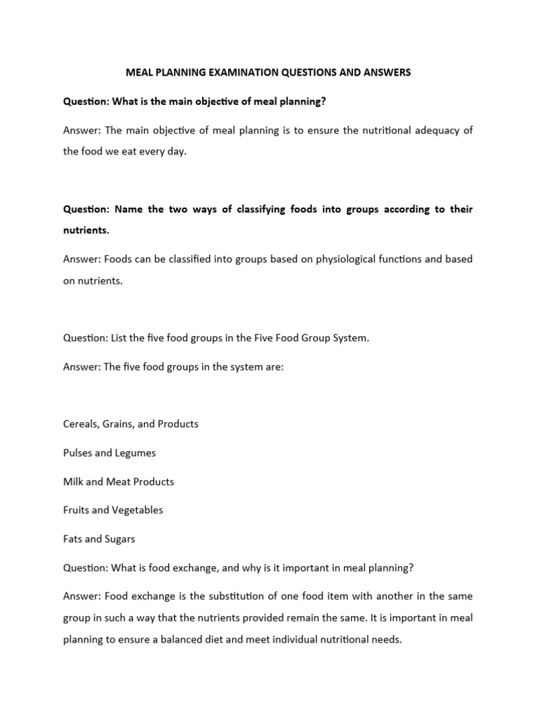 Meal Planning Questions and Answers | PDF | Foods | Healthy Diet