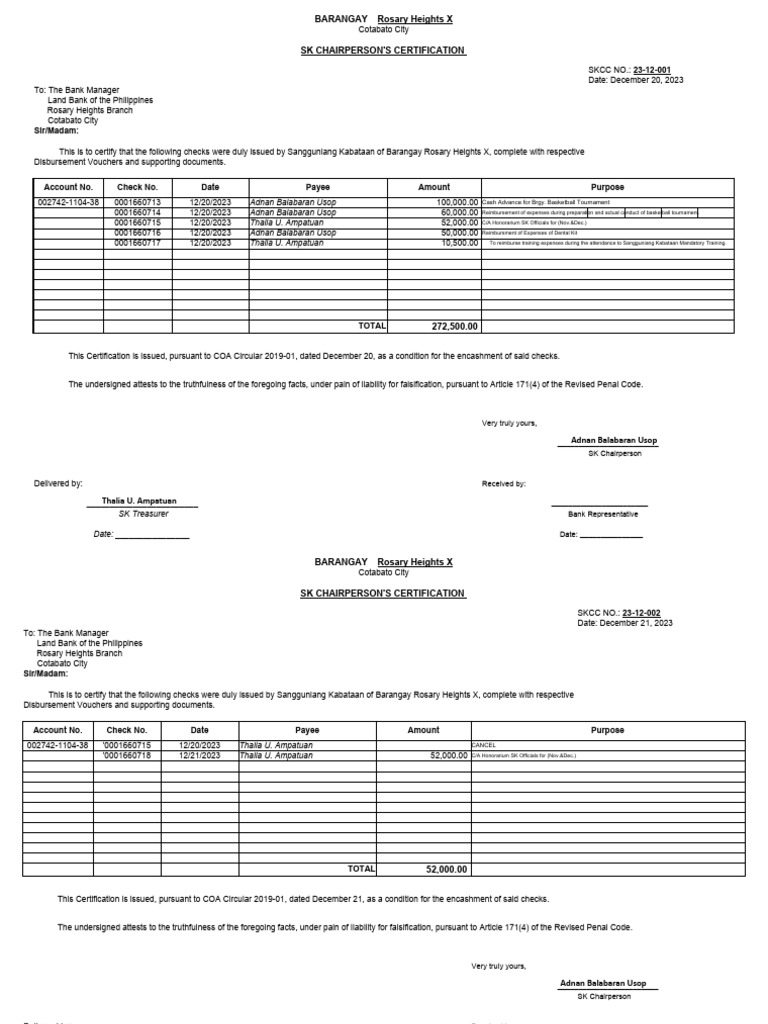 Sangguniang Kabataan Chairperson Certificate | PDF | Business | Payments