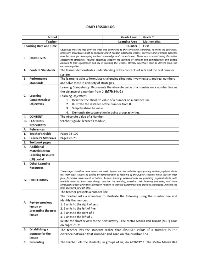 Lesson Plan On Absolute Value | PDF | Learning | Teachers