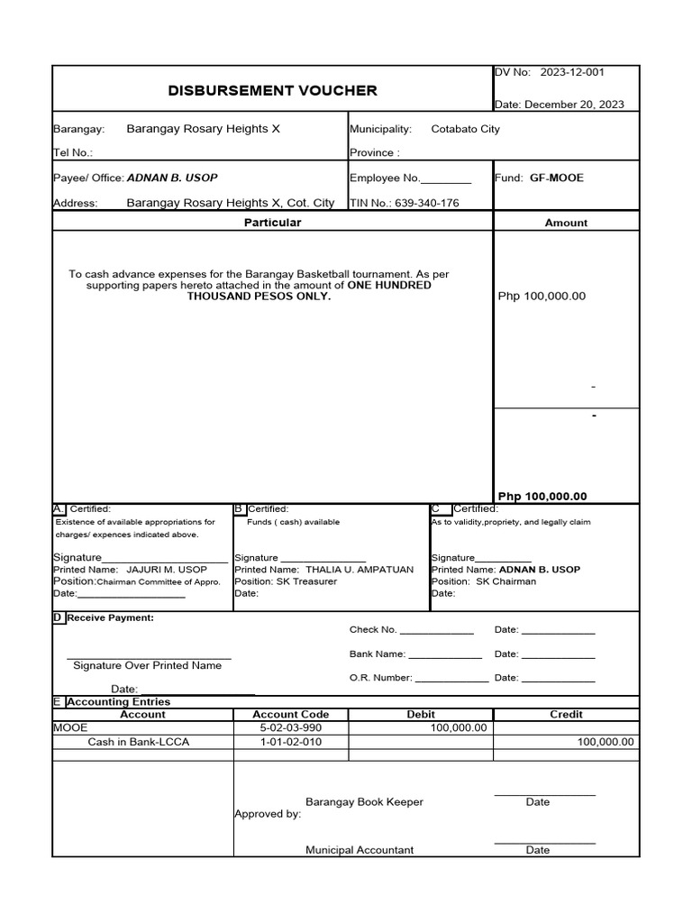 Disbursement Voucher | Download Free PDF | Payments | Bookkeeping