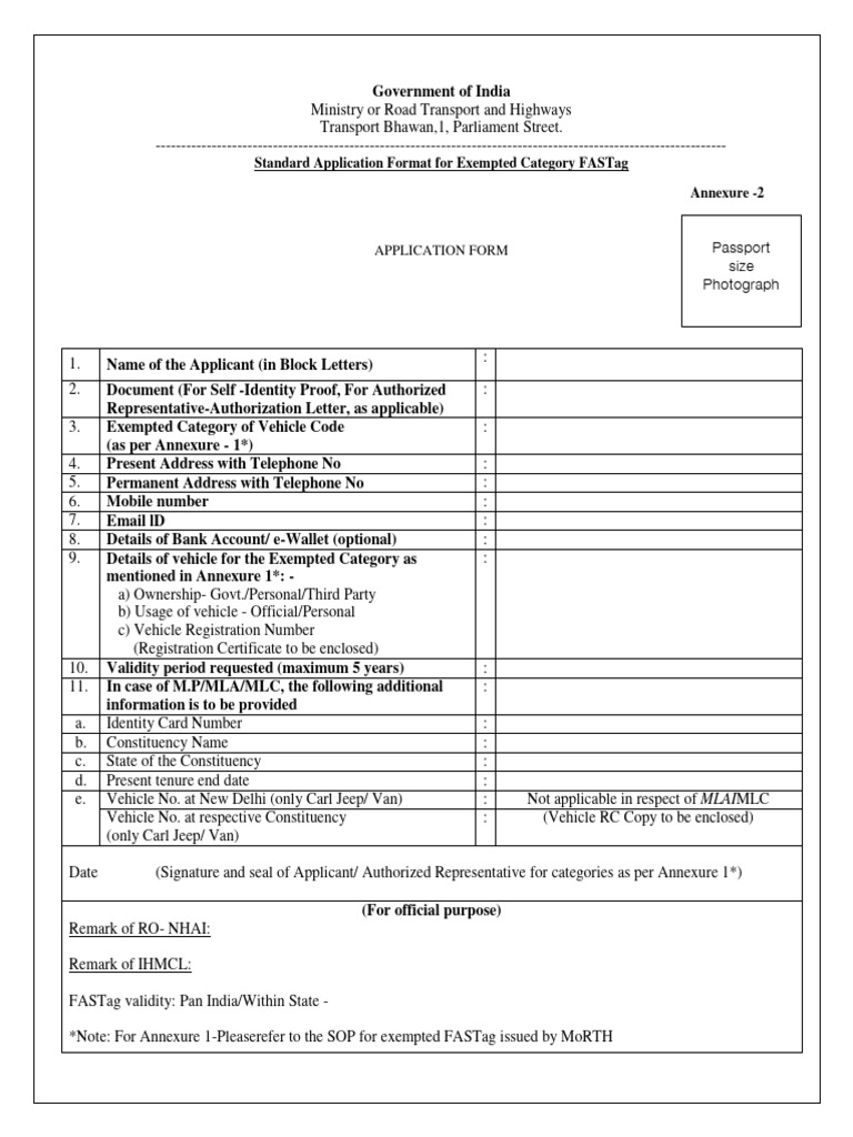 Standard Application Format For Exempted Category FASTag | PDF ...