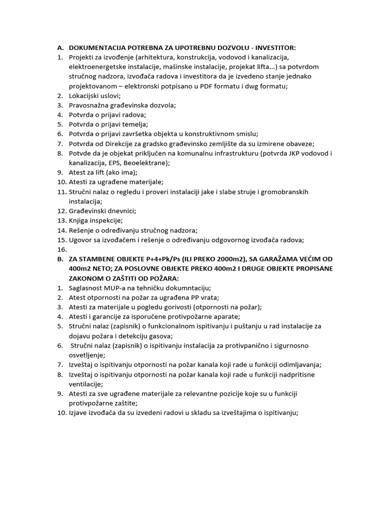A. Dokumentacija Potrebna Za Upotrebnu Dozvolu - Investitor | PDF
