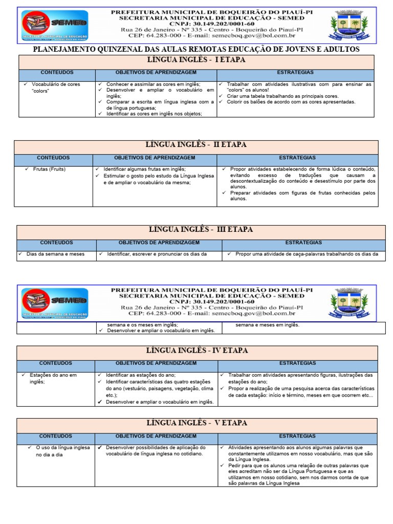 Planejamento Inglês | PDF | Aprendizado | Língua inglesa