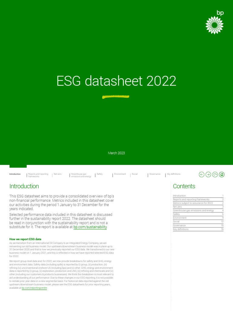 BP Esg Datasheet 2022 | PDF | Emission Intensity | Life Cycle Assessment
