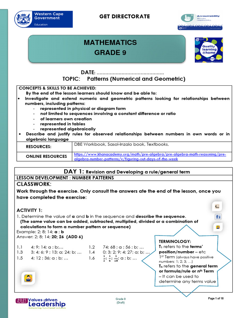 4 Mathematics (Gr. 9) T1 W8 & 9 Lesson Plan | PDF | Numbers | Mathematics