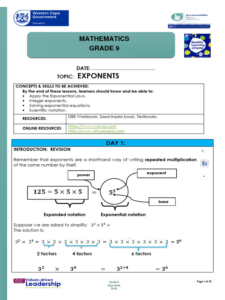 3 Mathematics (Gr. 9) T1 W6 & 7 Lesson Plan | PDF | Exponentiation | Numbers