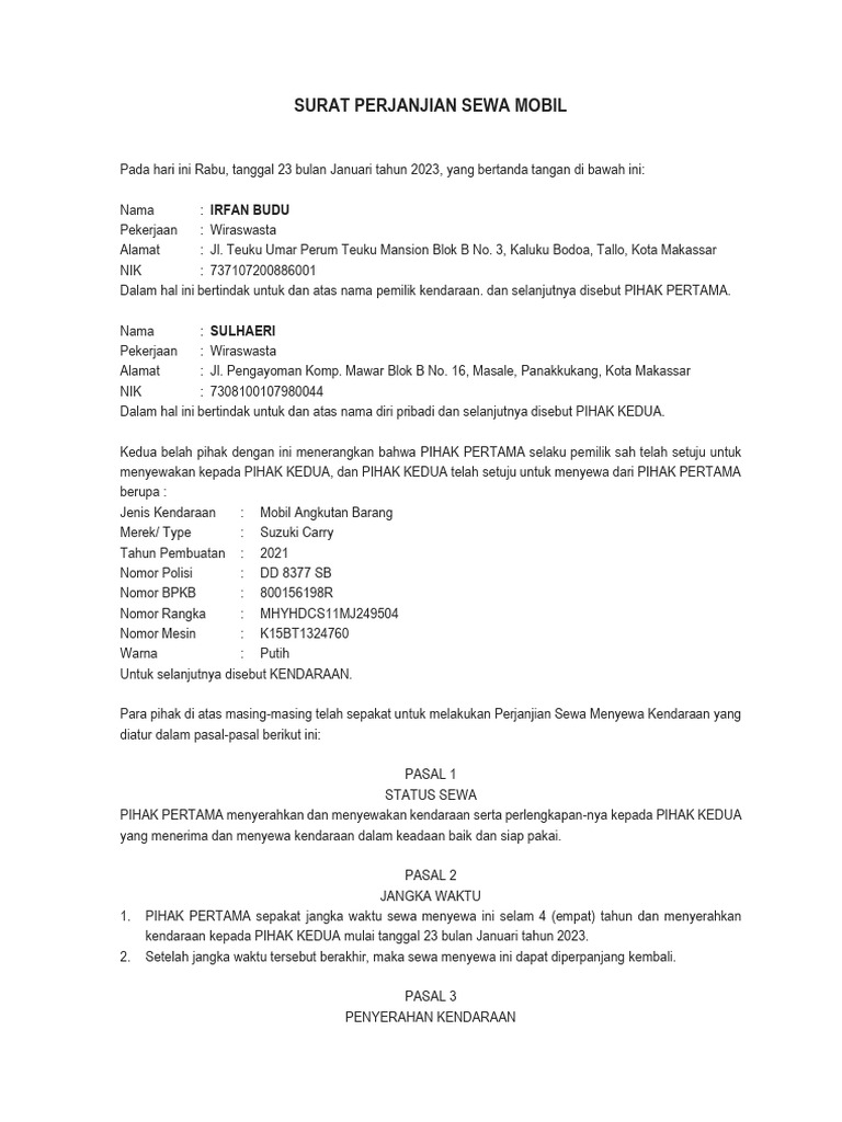 Surat Perjanjian Sewa Mobil Pickup | PDF
