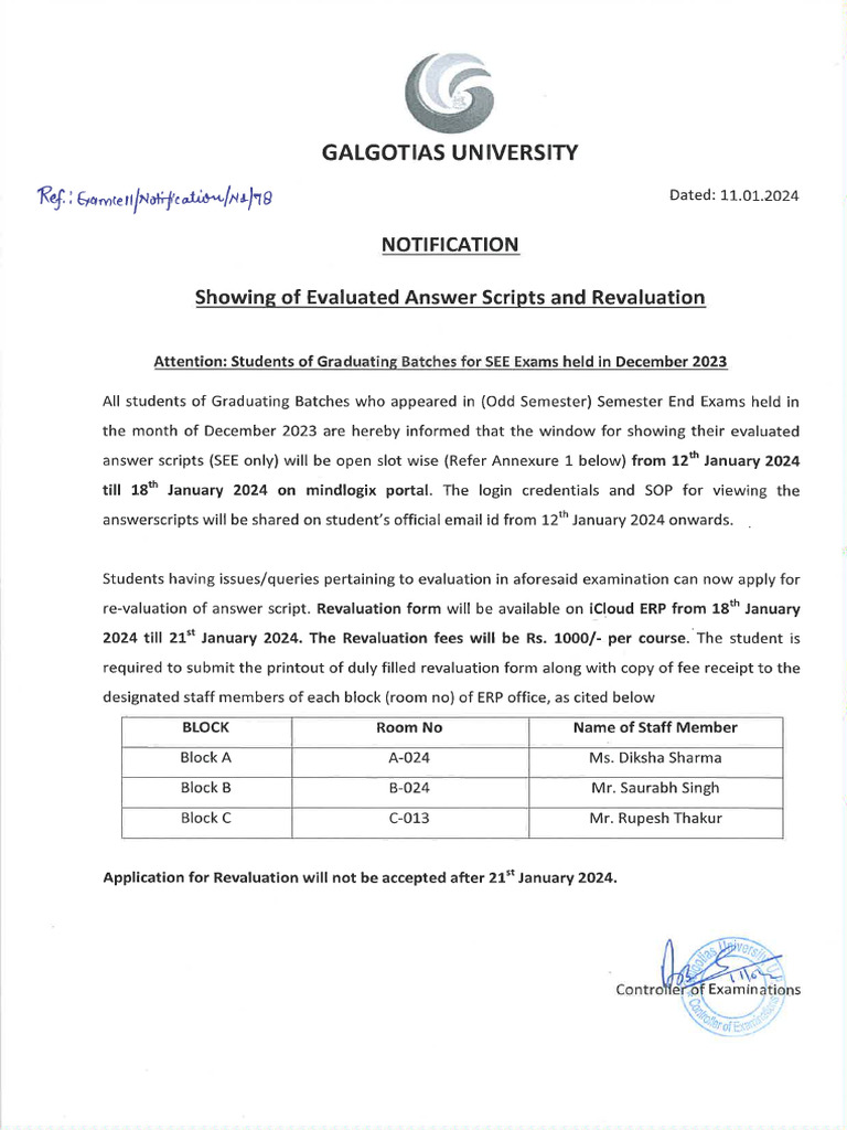 Notification - Showing of Evaluated Answer Scripts and Revaluation | PDF