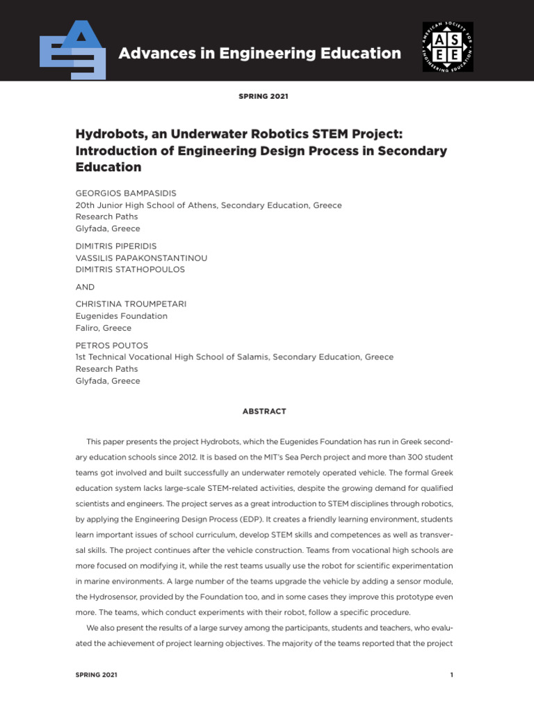 Hydrobots, an Underwater Robotics STEM Project Introduction of Engineering Design Process in ...
