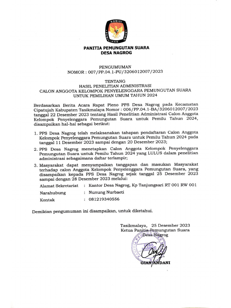 Pengumuman Hasil Seleksi Administrasi Kpps Desa Nagrog | PDF Pengumuman Hasil Seleksi Administrasi Kpps Desa Nagrog | PDF