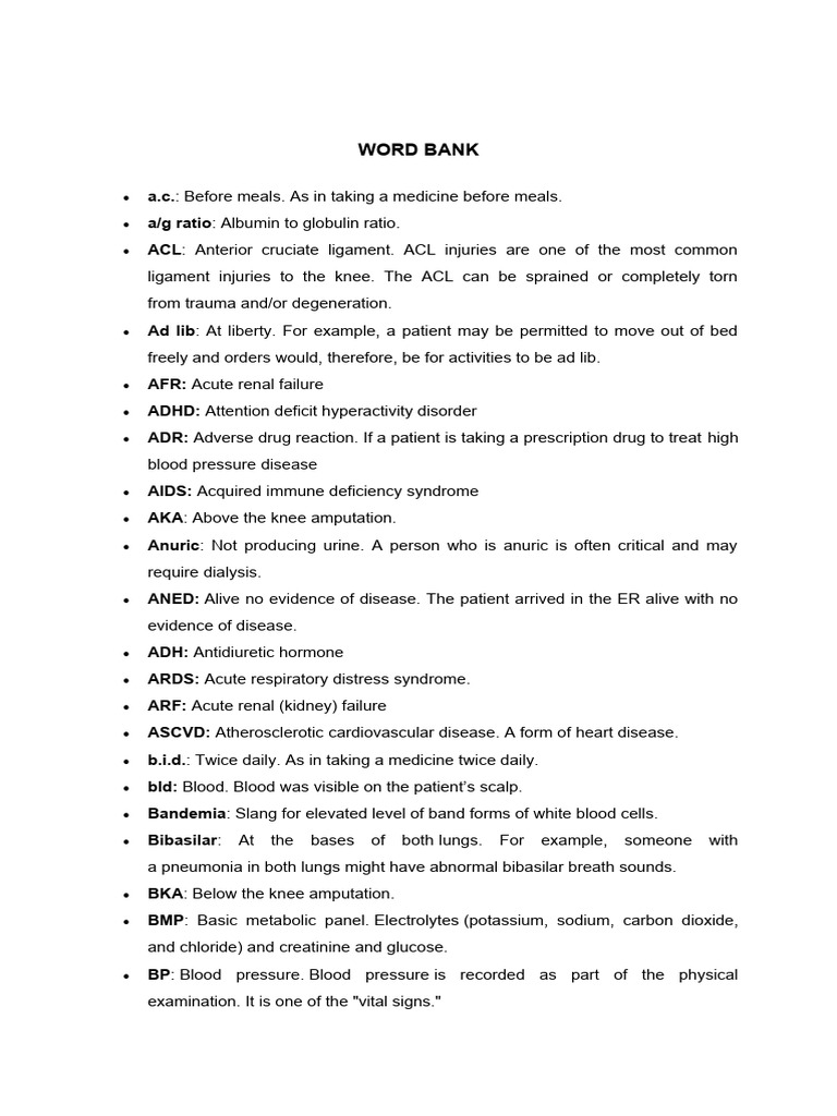 Medical Abbreviations (Word Bank) | PDF