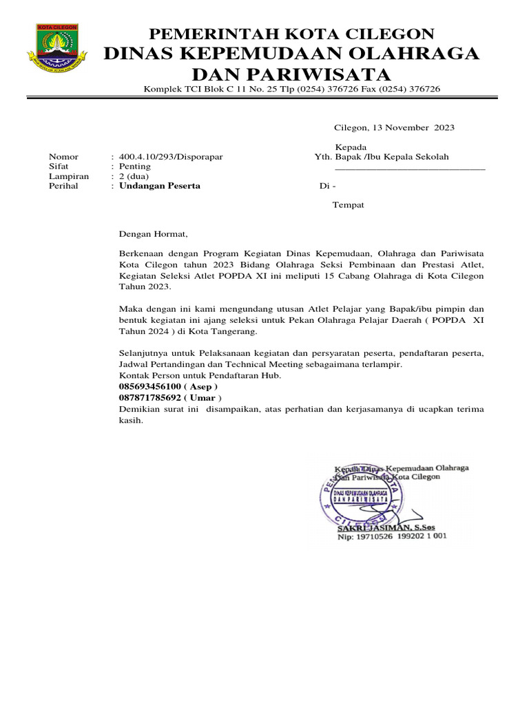 Surat Undangan SELEKSI ATLET POPDA 2023 | PDF